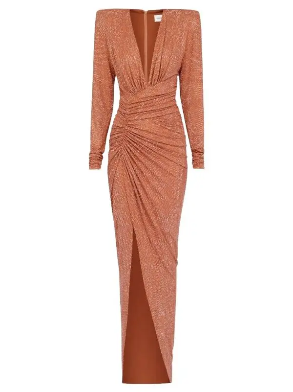 Alexandre Vauthier Crystal V-neck Long Dress - Brown