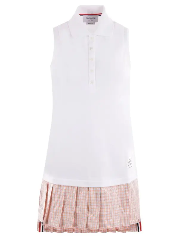 Thom Browne Sleeveless Polo Dress With Pleated Skirt And Signature Striped Loop - White