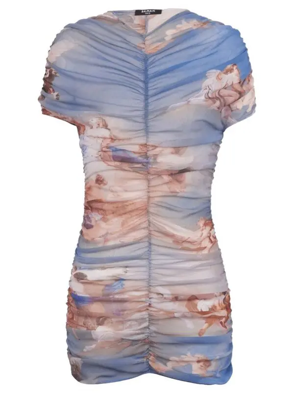 Balmain Sleeveless Printed Ruched Mini Dress - Multicolor