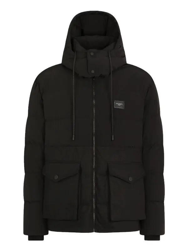 Dolce & Gabbana Quilted Hooded Coat With Metal Sign - Black