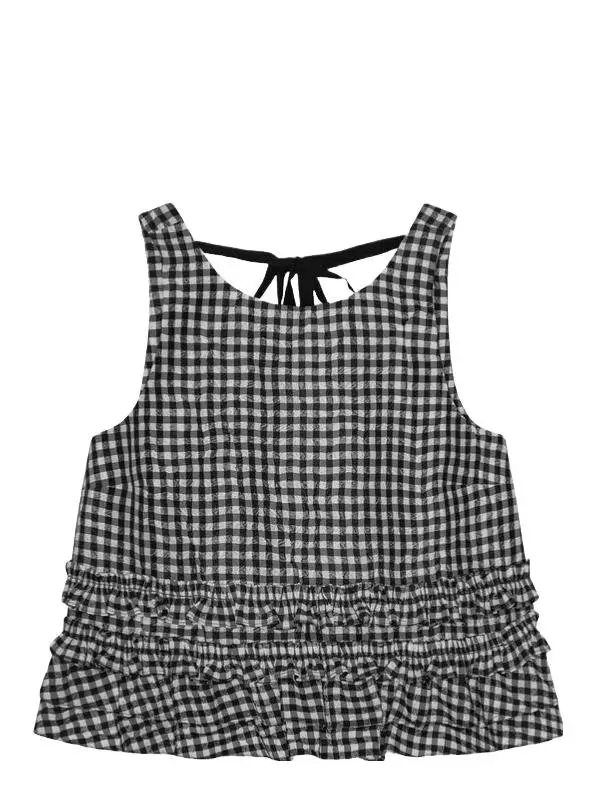 GANNI Crinkled Check Frill Top - Black