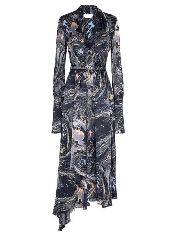 Fendi Marble Print Long Sleeve Midi Dress - Black