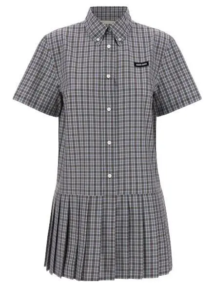 Miu Miu Checked Pleated Shirt Dress - Gray