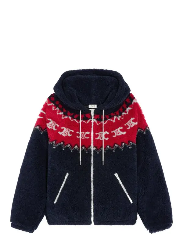 Celine Triomphe Fair Isle Fleece Hooded Jacket - Navy Blue/red/beige