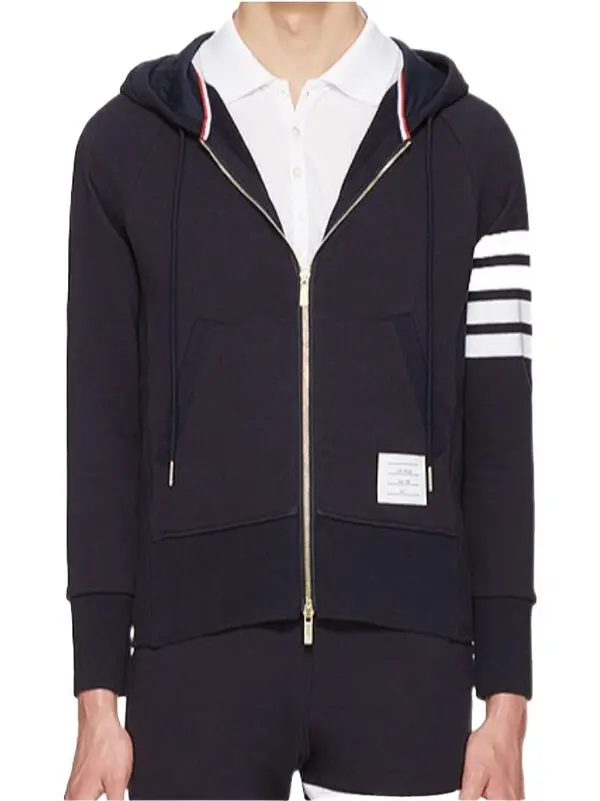 Thom Browne Long Sleeve Zip-up Jacket With Logo Detail - Black