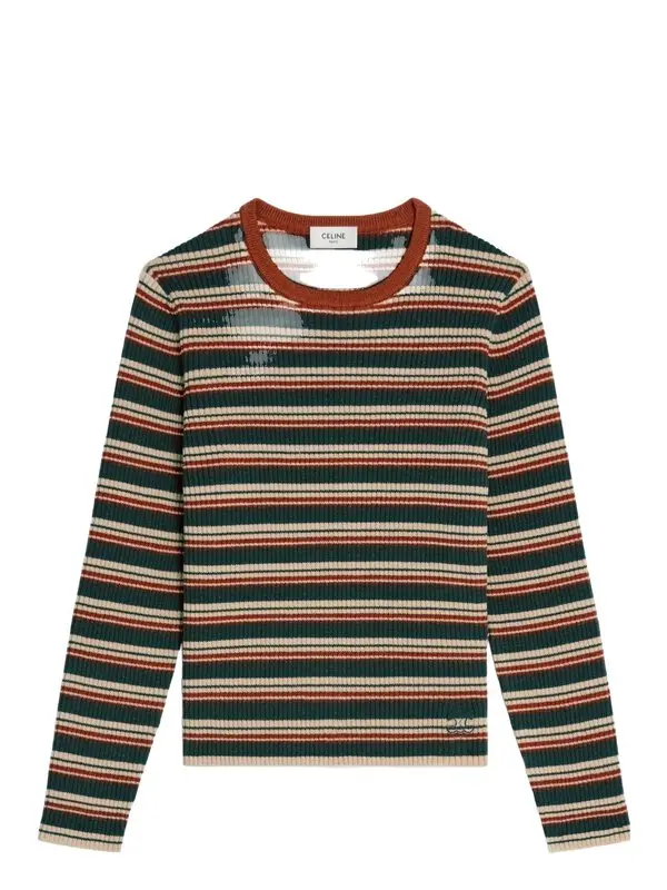 Celine Striped Ribbed Wool Crewneck Sweater - No