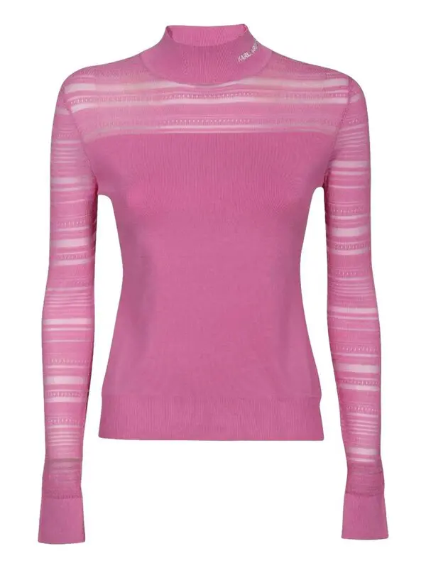 Karl Lagerfeld Embroidered High Neck Long Sleeve Top - Pink