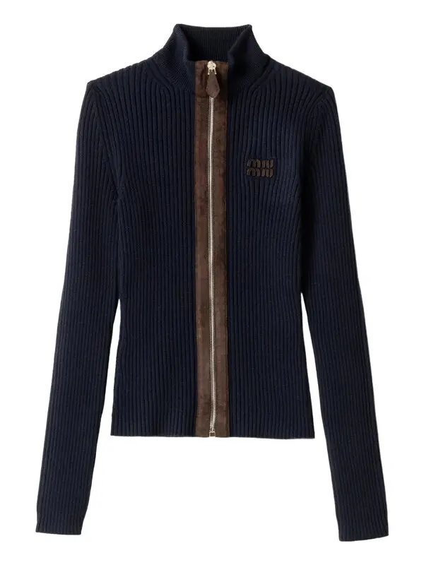 Miu Miu Cashmere And Leather Zipper Cardigan - Blue