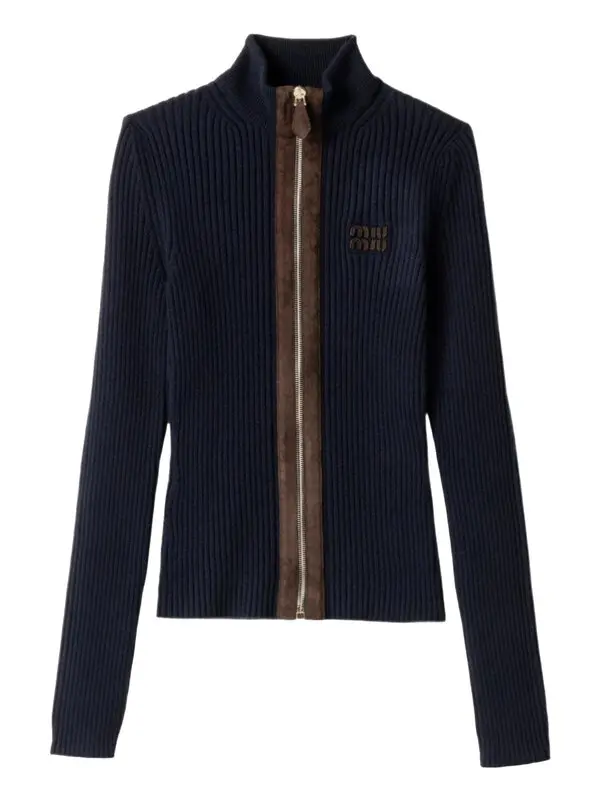 Miu Miu Cashmere And Leather Zipper Cardigan - Blue