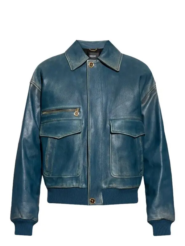 Versace Long-sleeved Leather Jacket - Blue