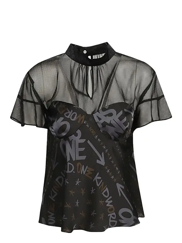 Sacai Printed Short Sleeve Blouse - Black