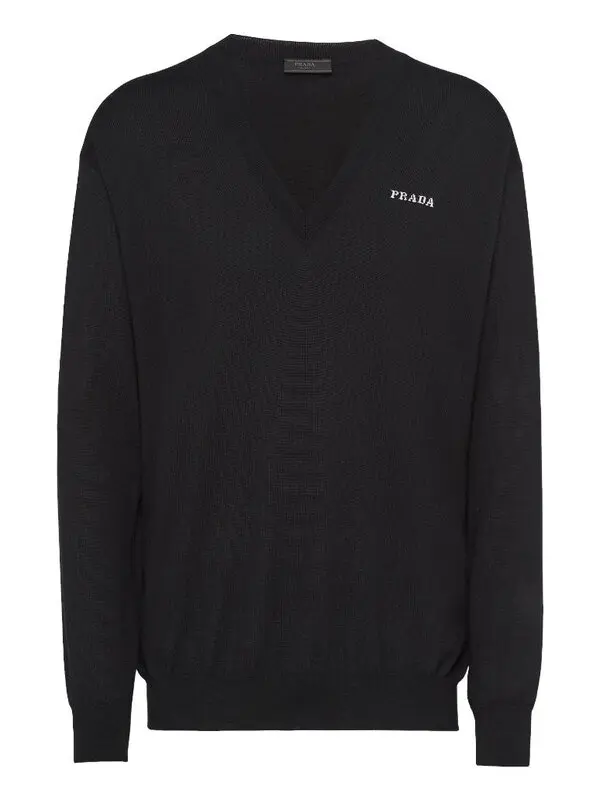 Prada Long-sleeved V-neck Jumper With Jacquard Logo - Black