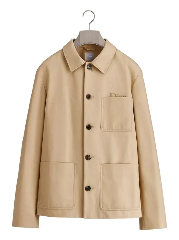 Dior Embroidered Workwear Jacket With Leather Logo Detail - Beige