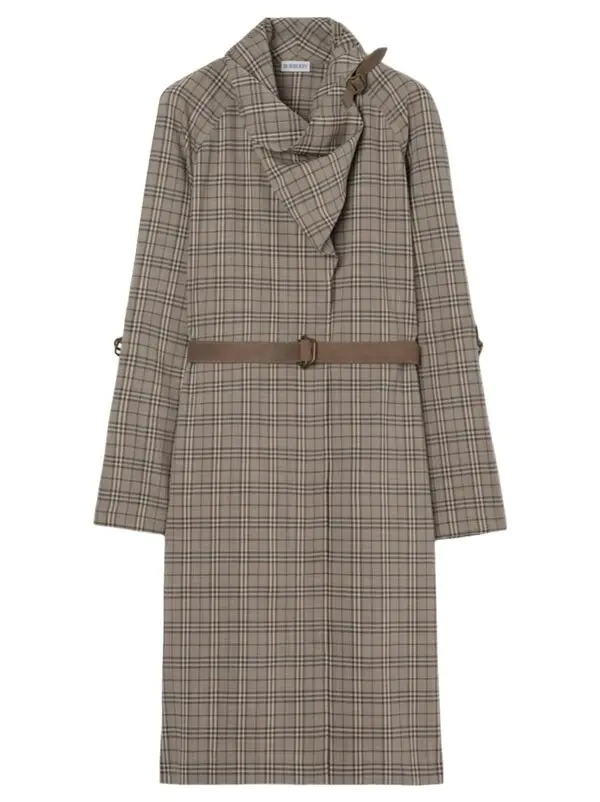 Burberry Checked Belted Midi Dress With Shawl Collar - Linen Beige/mole Grey