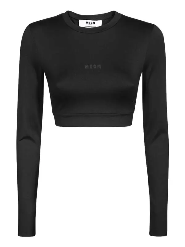 MSGM Cropped Crewneck Long Sleeve Top - Black