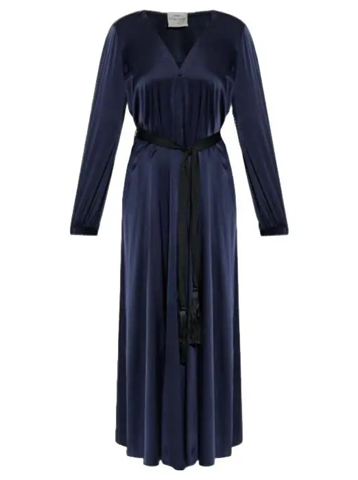 FORTE_FORTE Long Sleeve Tasseled Belt Maxi Dress - Navy Blue