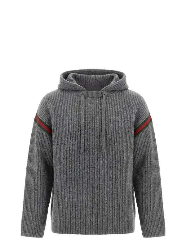 Gucci Web Striped Drawstring Knit Hoodie - Gray