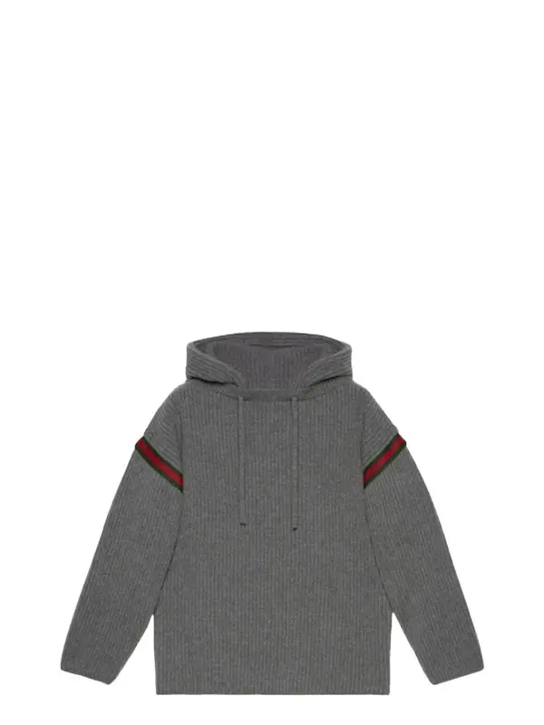 Gucci Web Striped Drawstring Knit Hoodie - Gray