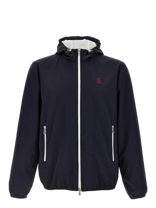 Brunello Cucinelli Logo Embroidered Zip-up Hooded Jacket - Blue
