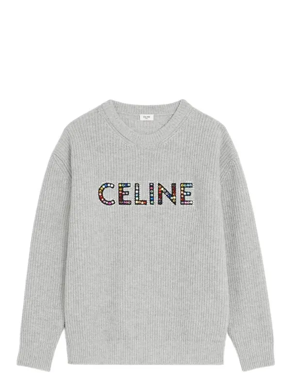 Celine Oversized Embroidered Sweater In Ribbed Wool - Gray