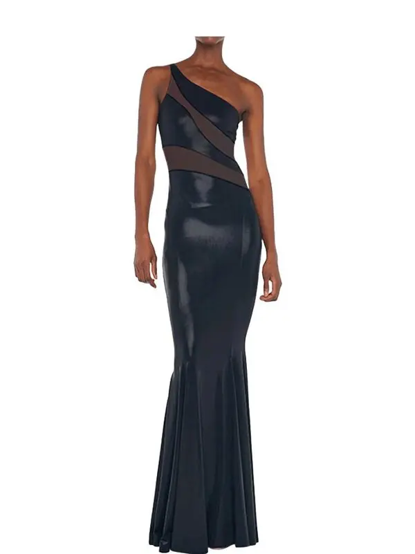 Norma Kamali One Shoulder Mesh Panelled Fishtail Gown - Black