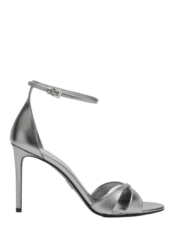 Prada Round Toe Stiletto Sandals With Adjustable Ankle Strap - Silver
