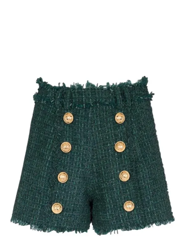 Balmain High-waist Tweed Shorts With Lion Head Buttons - Green