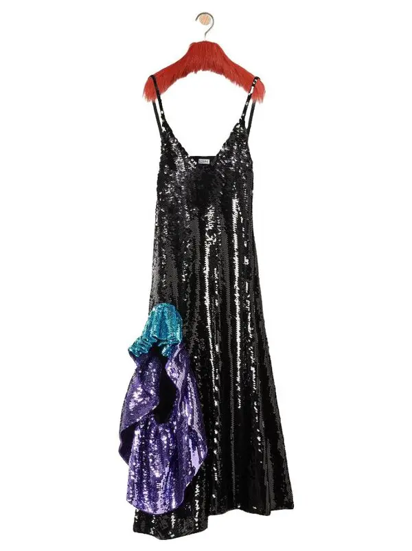 Loewe Sequin Ruffle Dress In Wool - Black