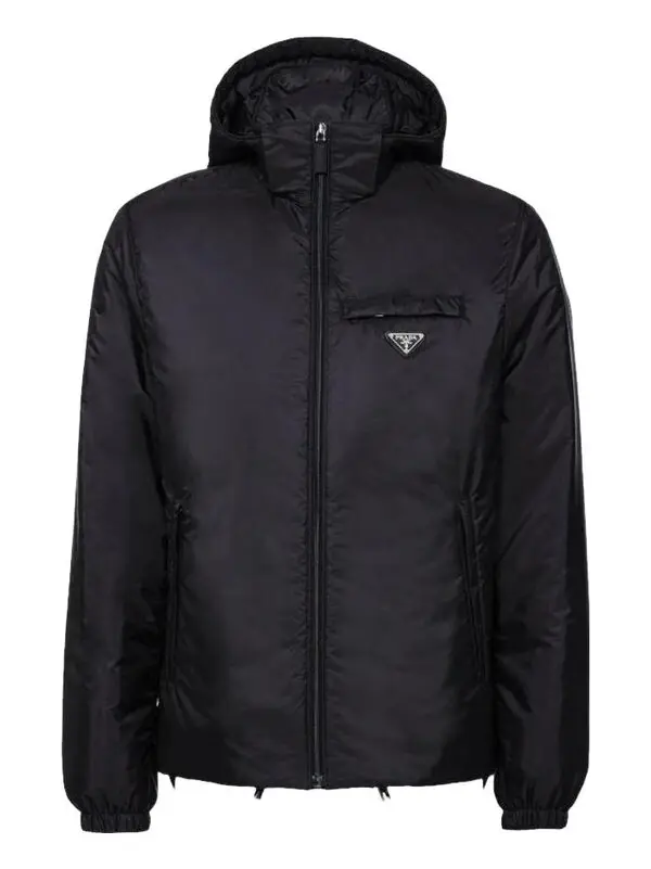 Prada Puffer Jacket With Logo Plaque And Hood - Black