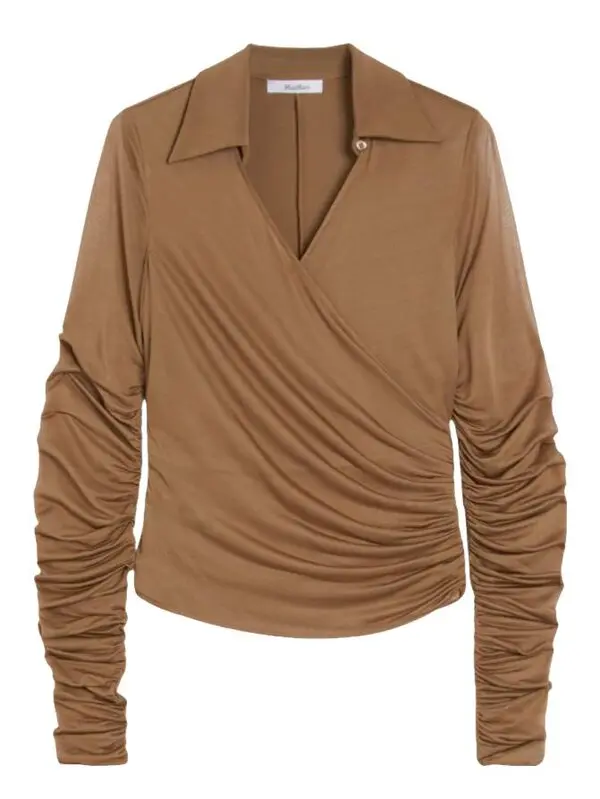 Max Mara Aiello Knitted Blouse With V-neck And Sheer Sleeves - Hazelnut Brown