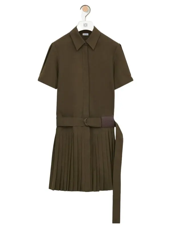 Loewe Pleated Shirt Dress With D-ring Belt - Khaki Green