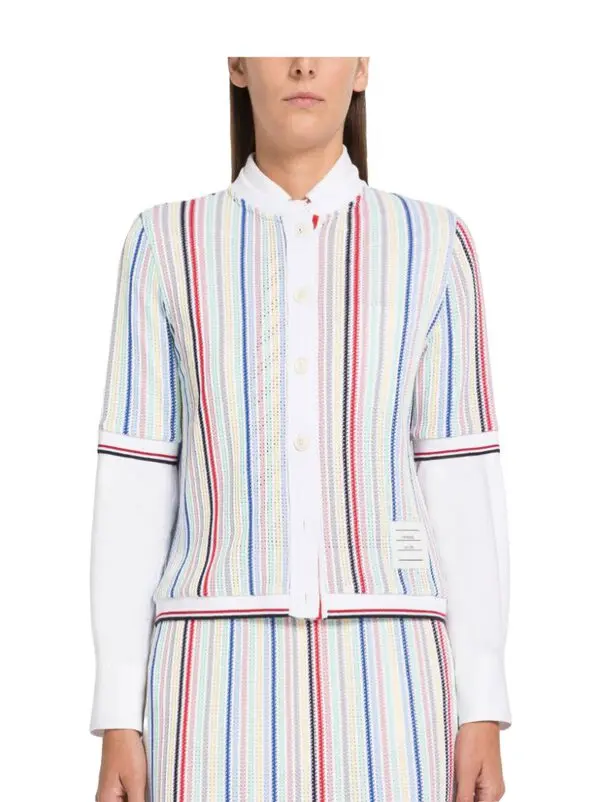 Thom Browne Striped Short-sleeve Knitted Cardigan - White