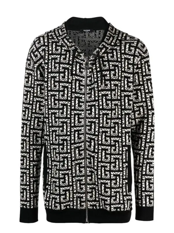 Balmain Monogram Intarsia-knit Zipped Hoodie - Black