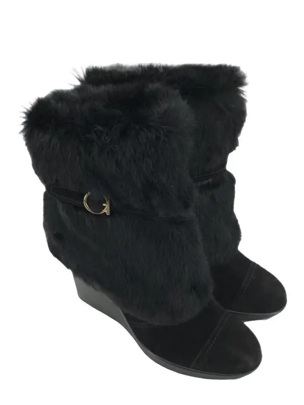 FERRAGAMO Suede Fur Wedge Ankle Boots - Black