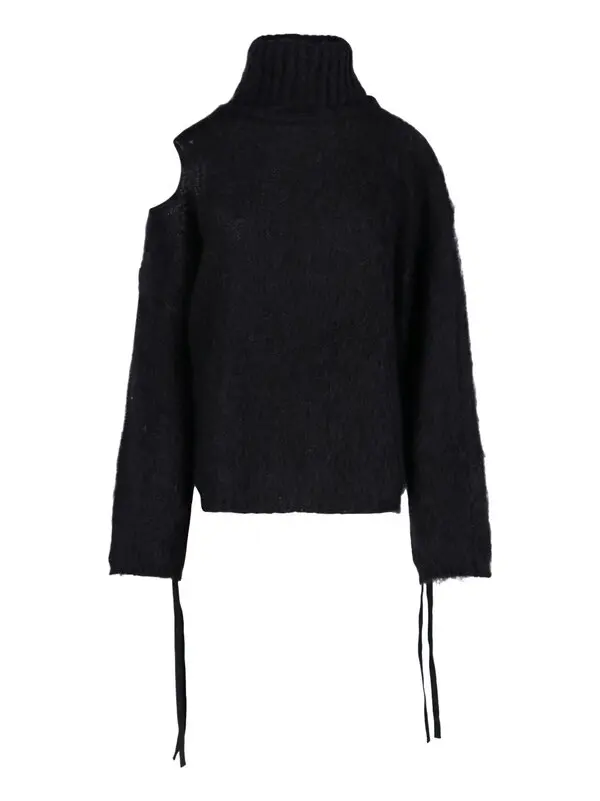 ANDREĀDAMO Cut-out Roll Neck Jumper With Bow Detail Cuffs - Black