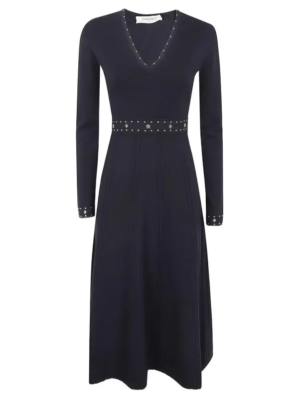 TWINSET Studded V-neck Long Sleeve Maxi Dress - Black