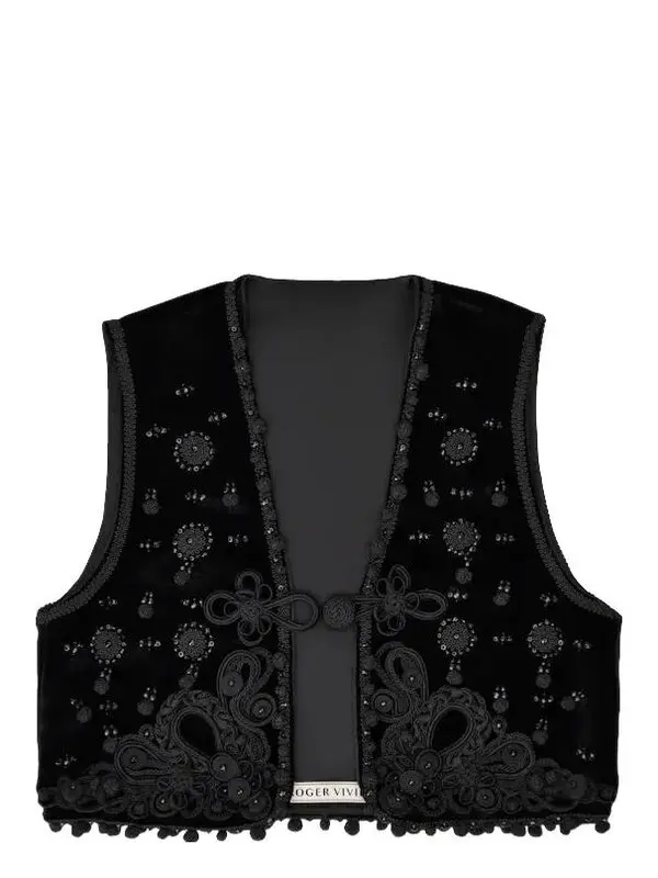 ROGER VIVIER Velvet Vest With Passementerie And Beaded Fringe - Black