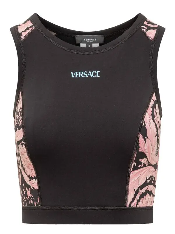 Versace Logo Detailed Crewneck Cropped Sports Top - Black