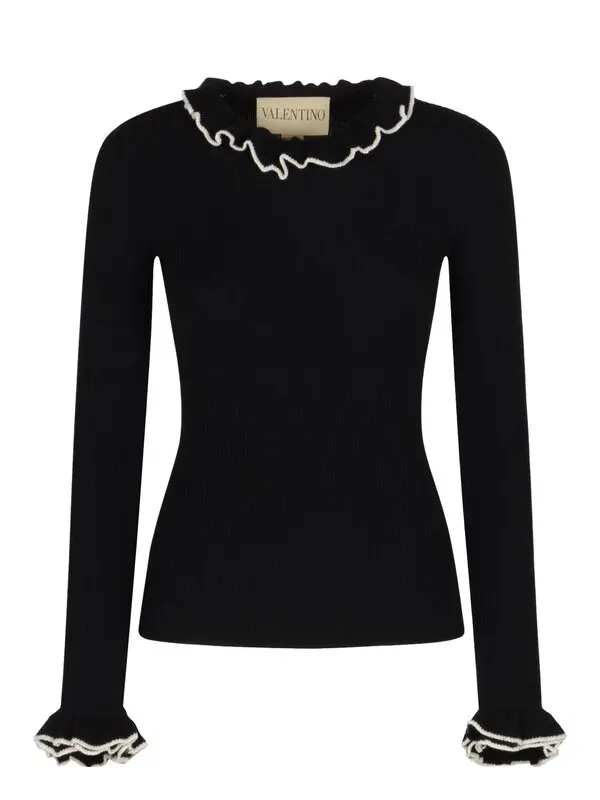 Valentino Garavani Long Sleeve Ruffled Knit Top - Black