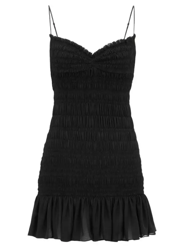 Saint Laurent Smocked Silk Muslin Crepe Dress - Black