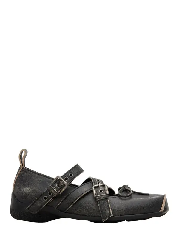 OPEN YY Distressed Cross-strap Ballet Flats - Charcoal-grey
