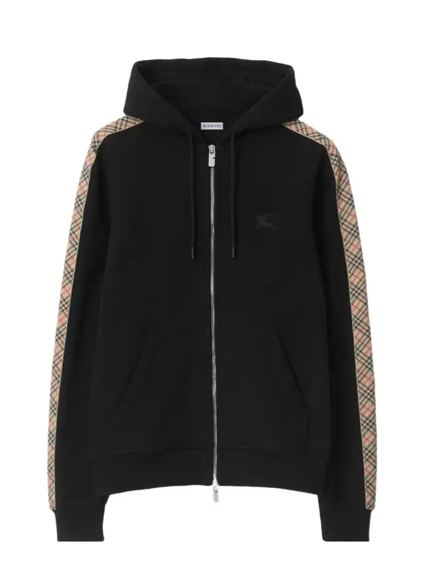 Burberry Check Trim Zip-up Drawstring Hoodie - Black