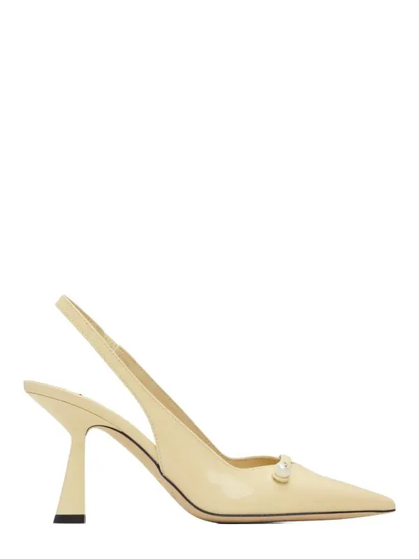 JIMMY CHOO Amita 85 Patent Nappa Calfskin Slingback Pumps With Faux Pearl Embellishment - Cream/cream