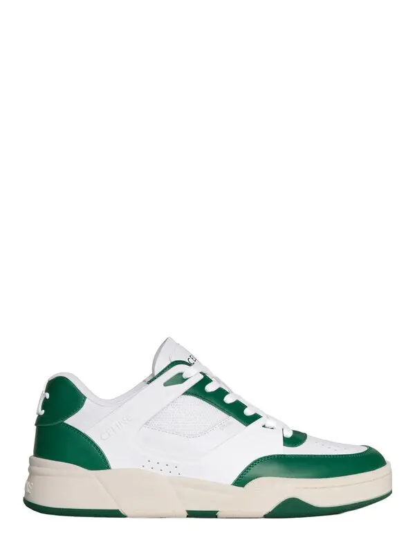 Celine Trainer Ct-09 Low Lace-up Sneakers In Calfskin And Mesh - Optical White/dark Green/beige
