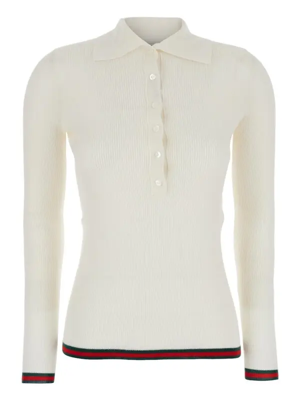 Gucci Ribbed Knit Long-sleeve Polo Shirt - White