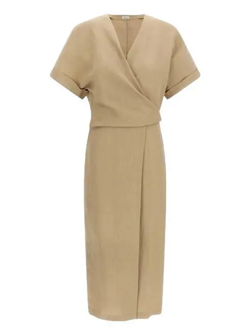 Brunello Cucinelli V-neck Short Sleeve Dress - Beige