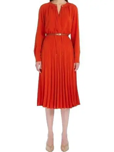 Max Mara Long Sleeve Pleated Midi Dress - Red