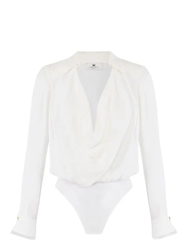 Elisabetta Franchi Draped Long Sleeve Bodysuit Top - Ivory