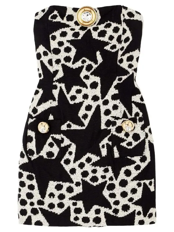 AREA Strapless Star And Polka Dot Print Mini Dress - Black