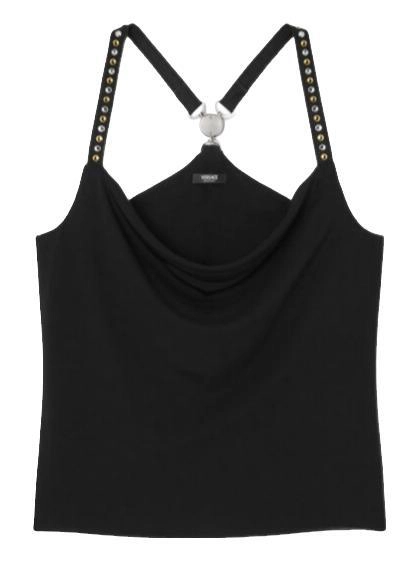 Versace Stretch Crepe Jersey Gathered Top With Embellished Straps - Black